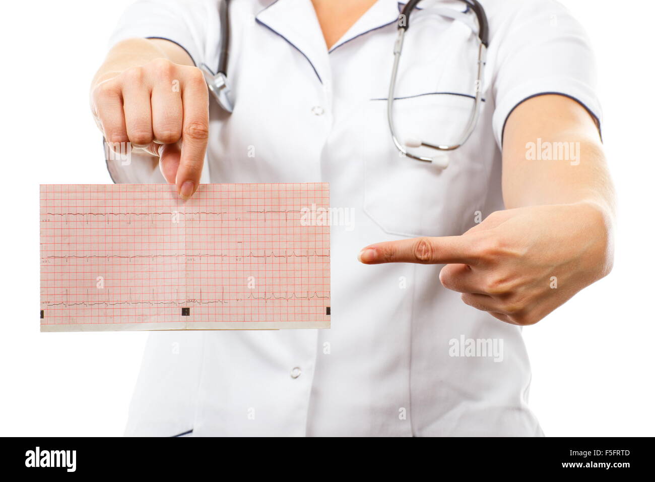 Doctor cardiologist in white apron with stethoscope showing ...
