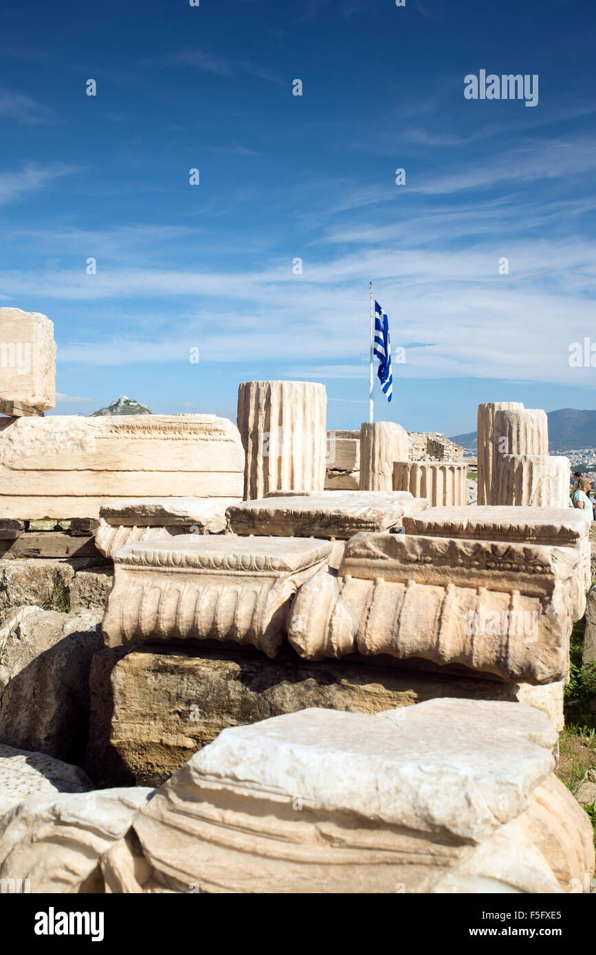 Greece flag in the ruins of the Acropolis Stock Photo - Alamy