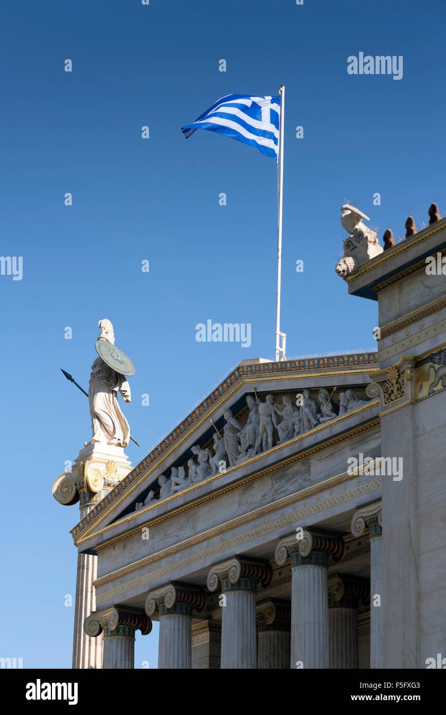 Statue of Athena and the Greek flag on the facade of the Academy of ...