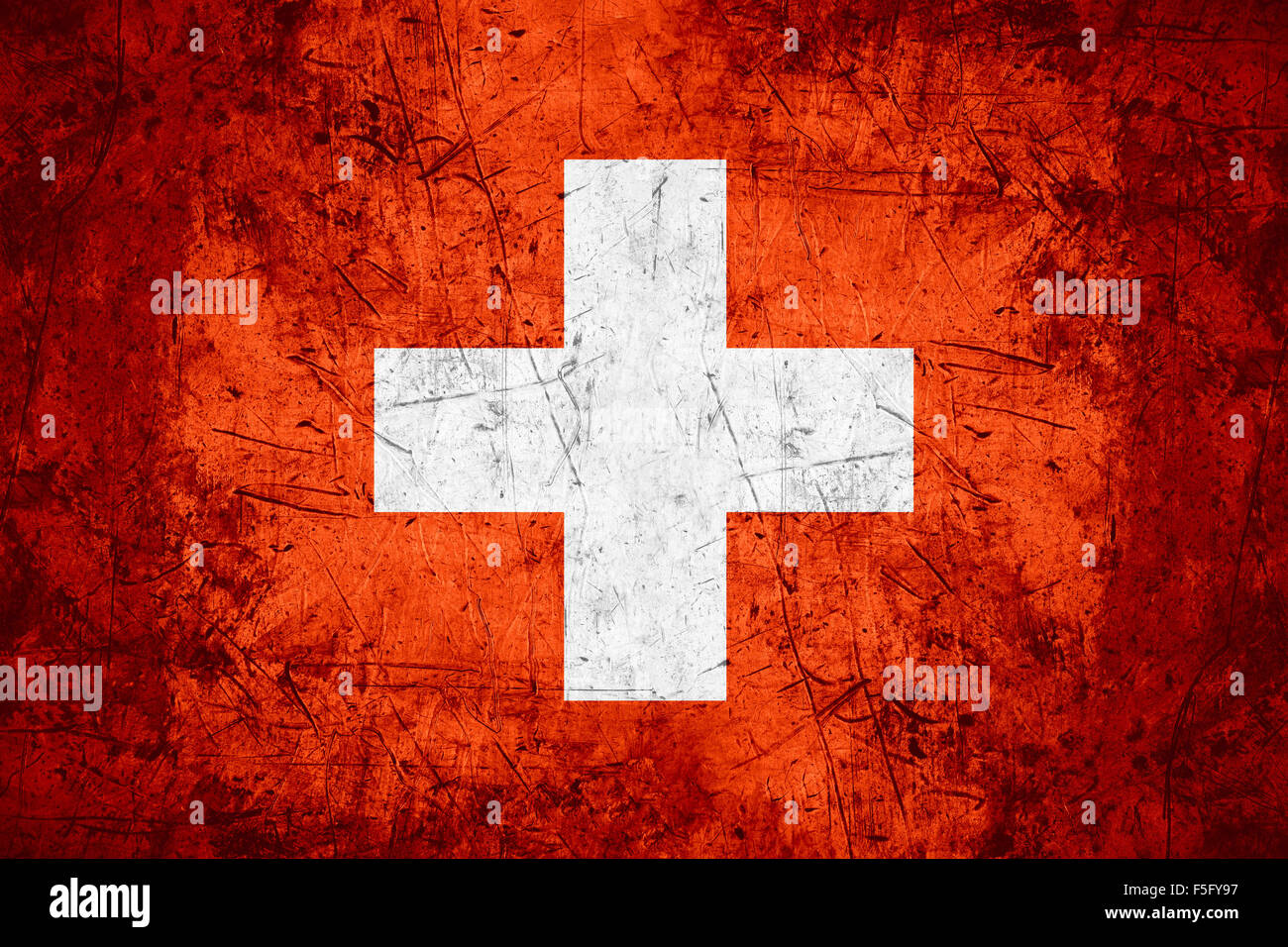 flag of Switzerland or Swiss banner on rough pattern metal background ...