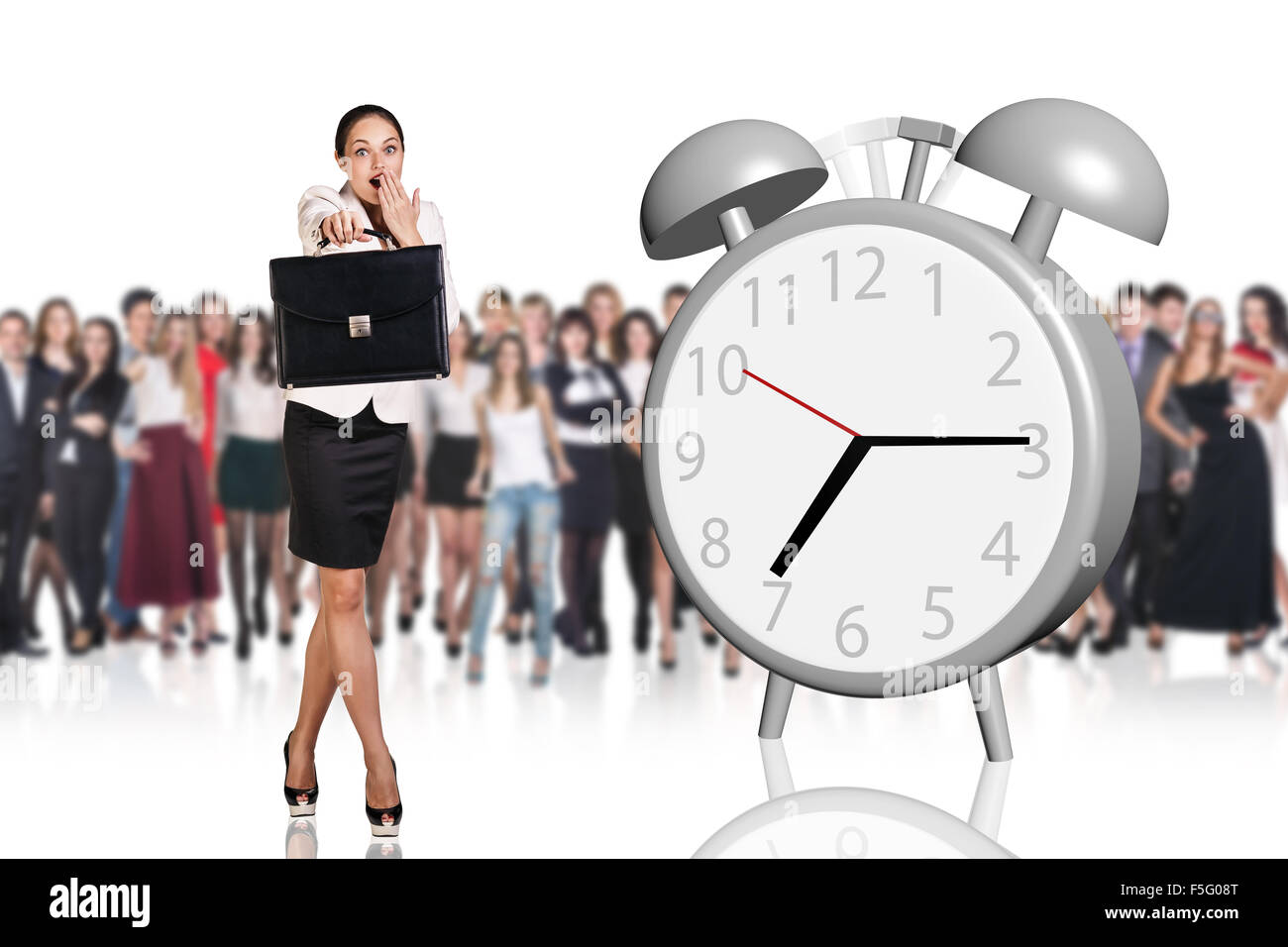 Business woman stands near big alarm clock, and crowd of people behind ...