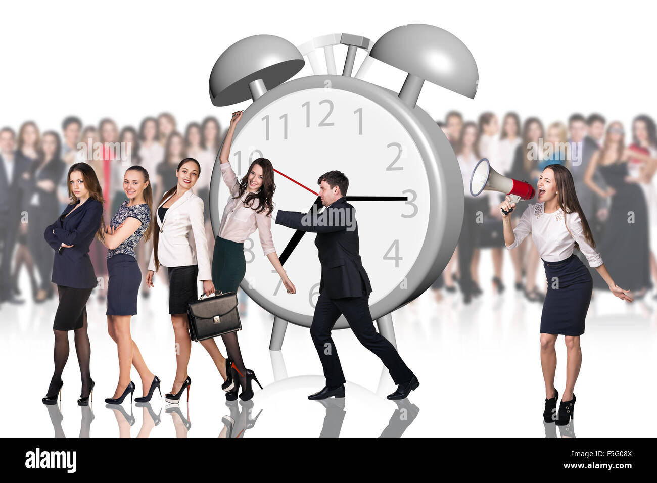 Business woman stands near big alarm clock, and crowd of people behind ...