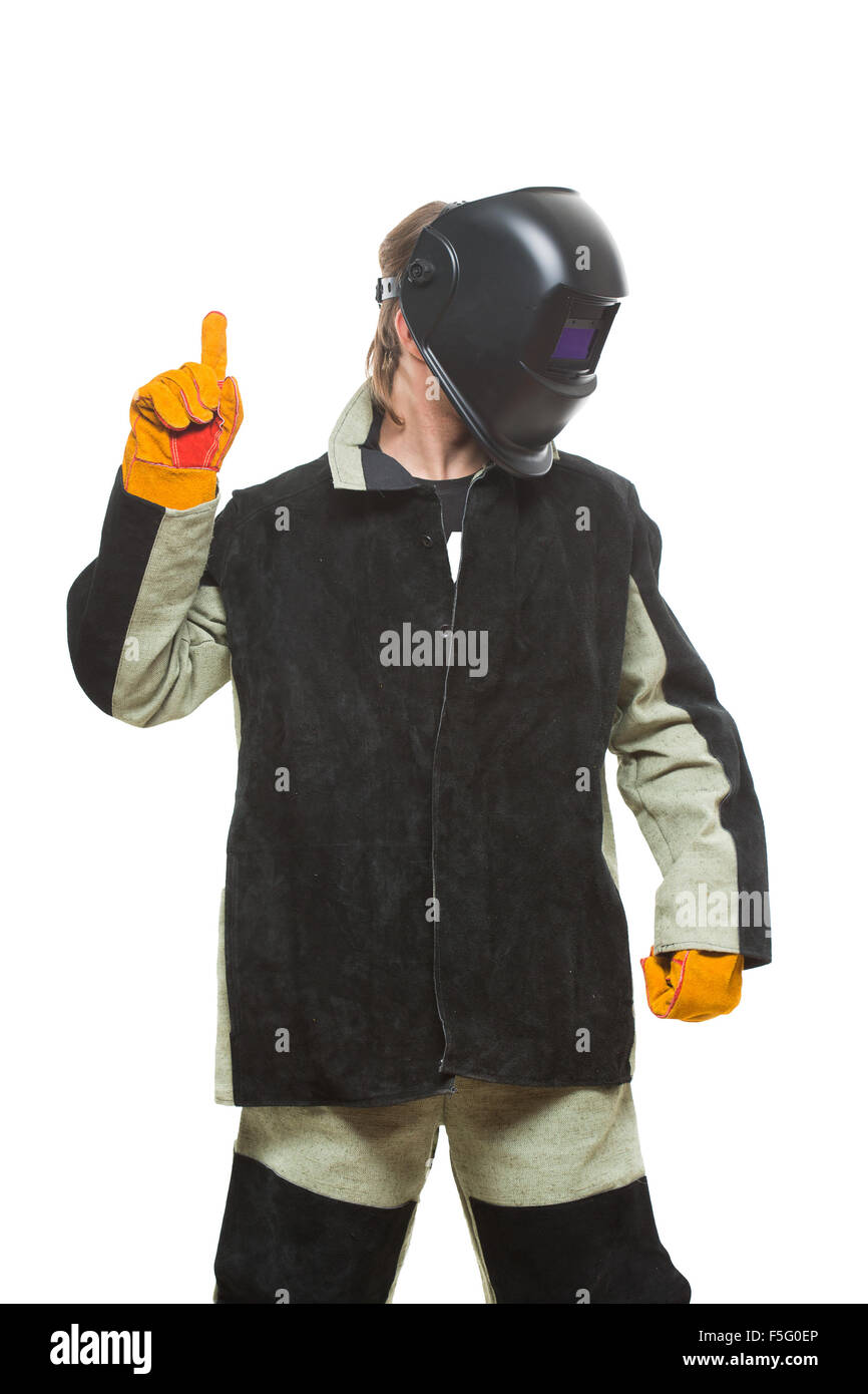 beautiful welder with arms on waist. isolated white background Stock ...