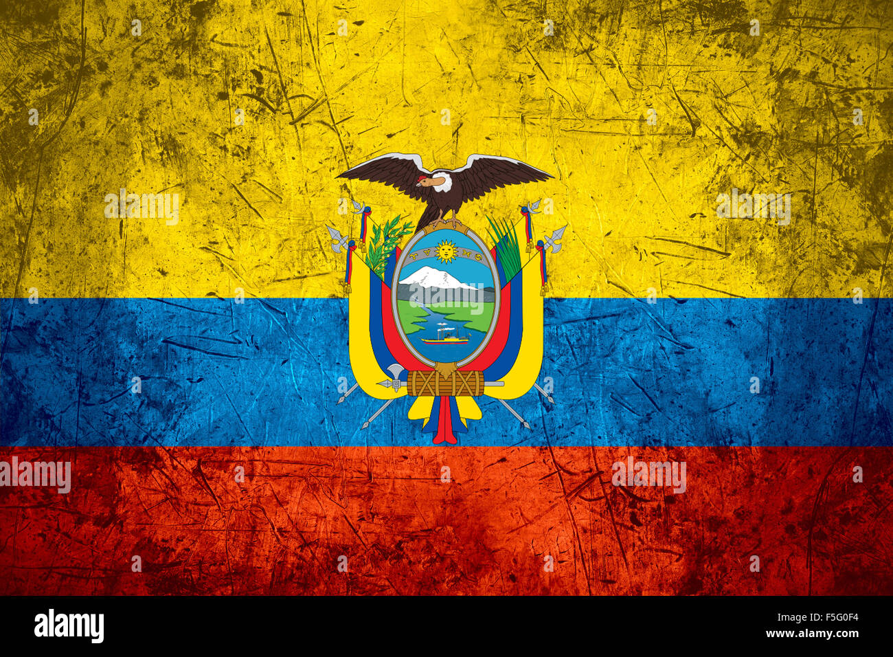 flag of Ecuador or Ecuadorian banner on rough pattern metal background ...