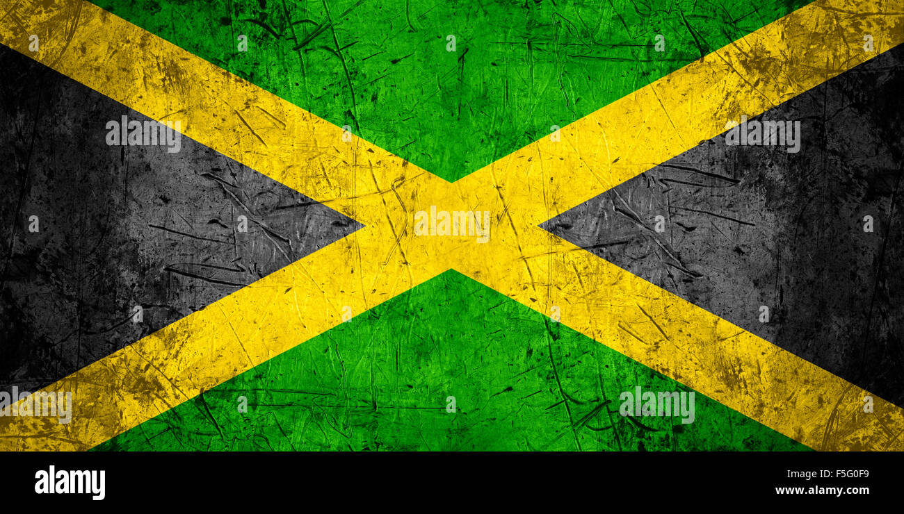 flag of Jamaica or Jamaican banner on rough pattern metal background ...