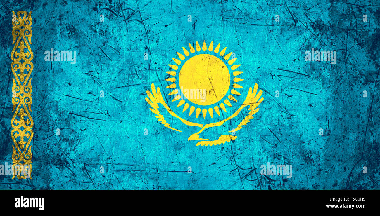 flag of Kazakhstan or Kazakh banner on rough pattern metal background ...