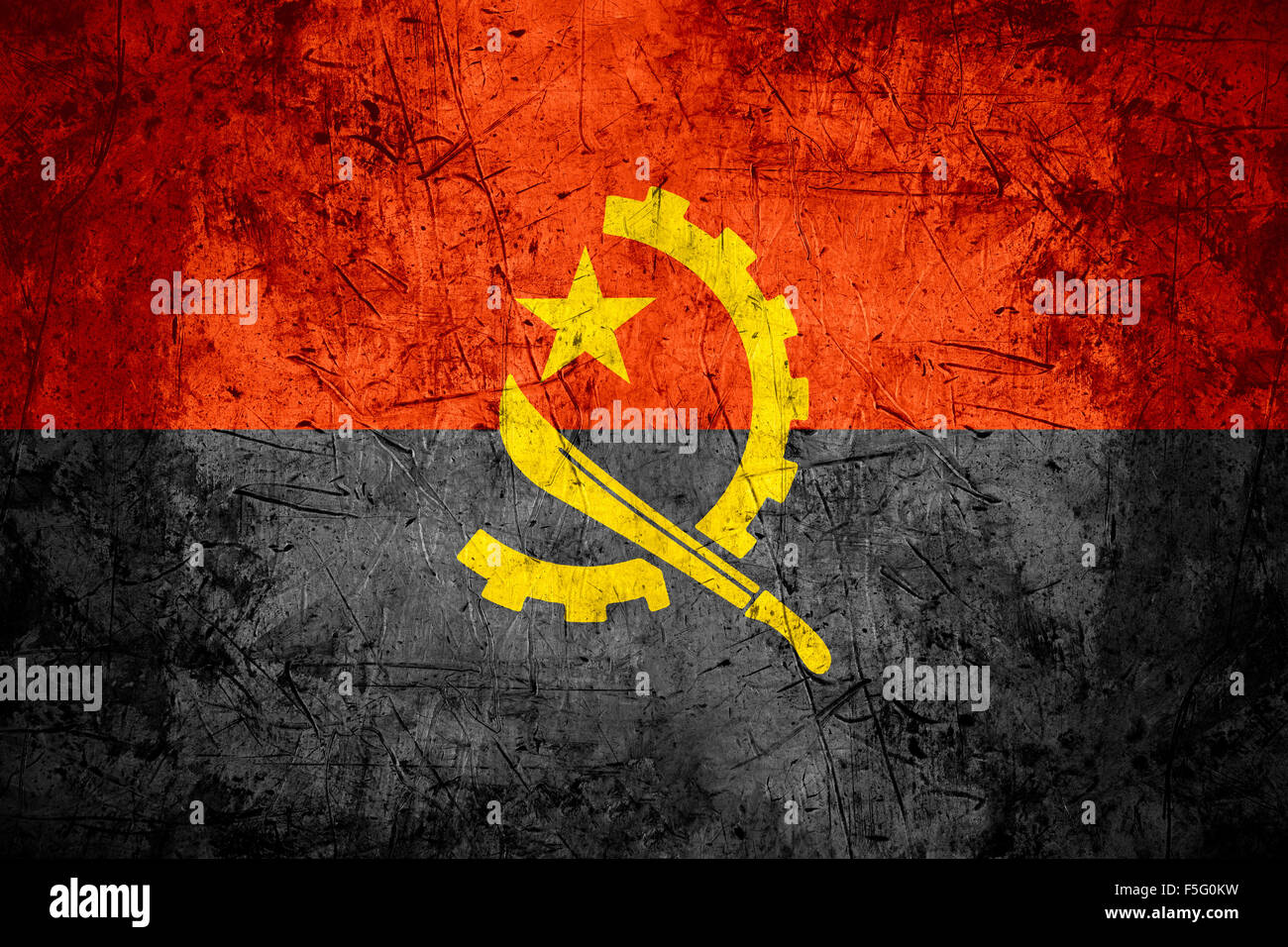 flag of Angola or Angolan banner on rough pattern metal background ...