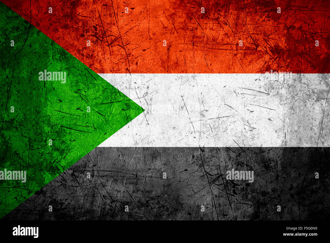 flag of Sudan or Sudanese banner on rough pattern metal background ...