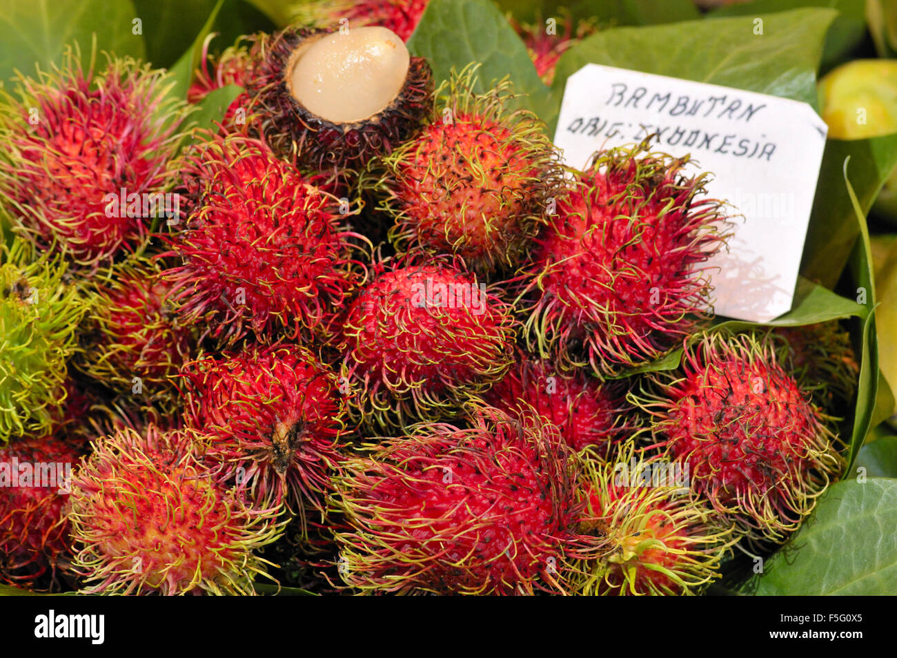 Rambutan tropical fruit for sale at La Boqueria market, Barcelona ...