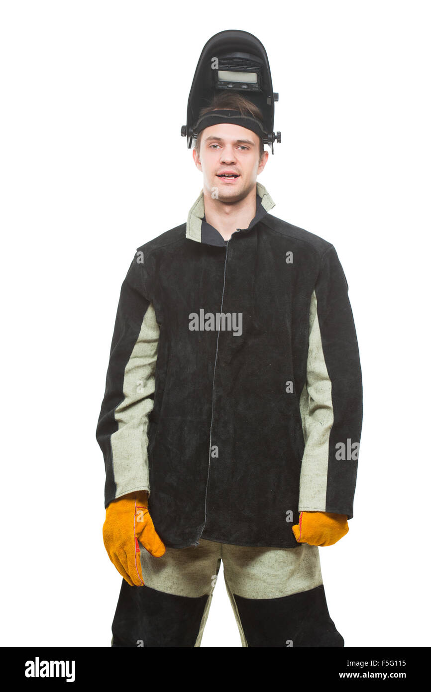 beautiful welder with arms on waist. isolated white background Stock ...