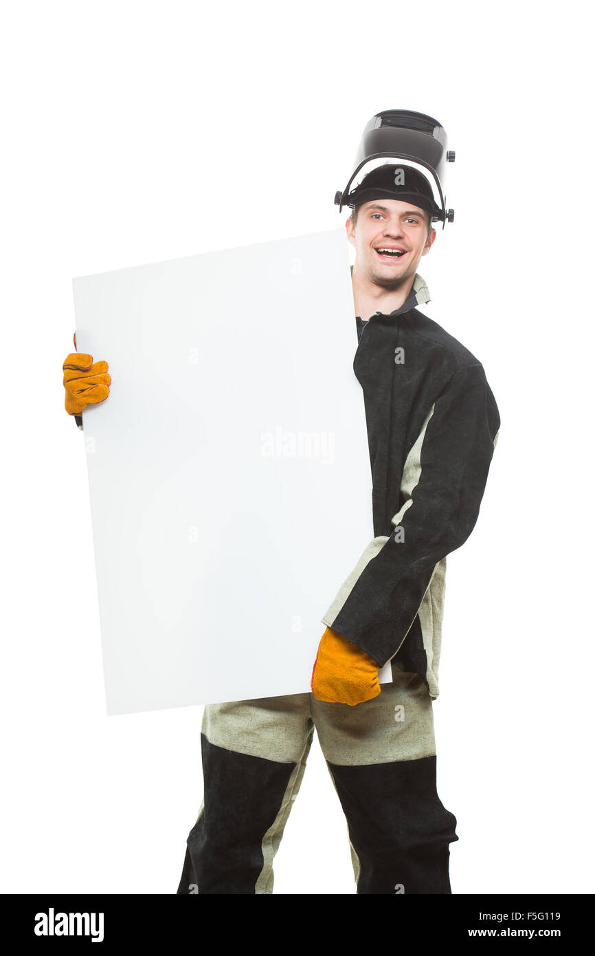 handsome welder holding a blank form. isolated on white background ...
