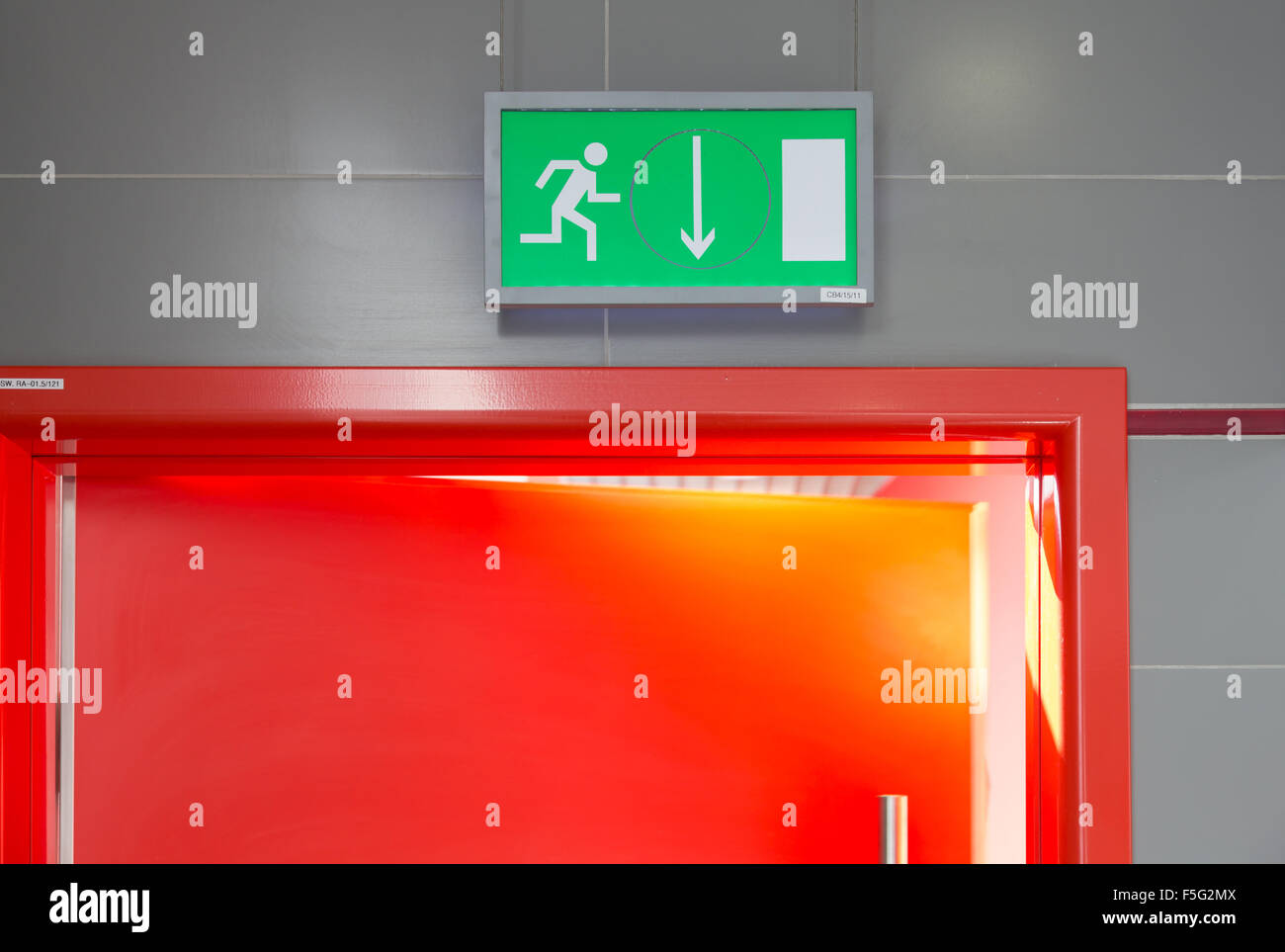 Wroclaw, Poland, Emergency exit icon in a public toilet in the Sky ...