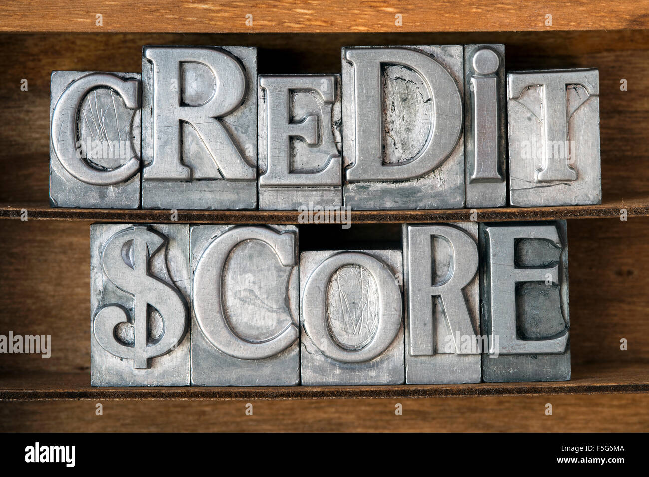 credit score phrase with dollar sign made from metallic letterpress ...