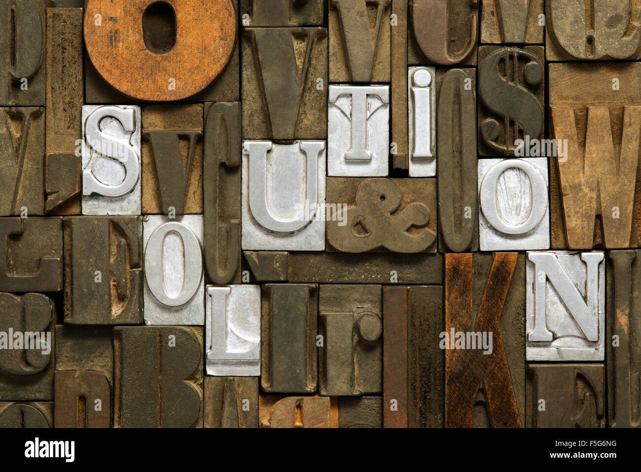solution concept made from metallic letterpress blocks in mixed wooden ...
