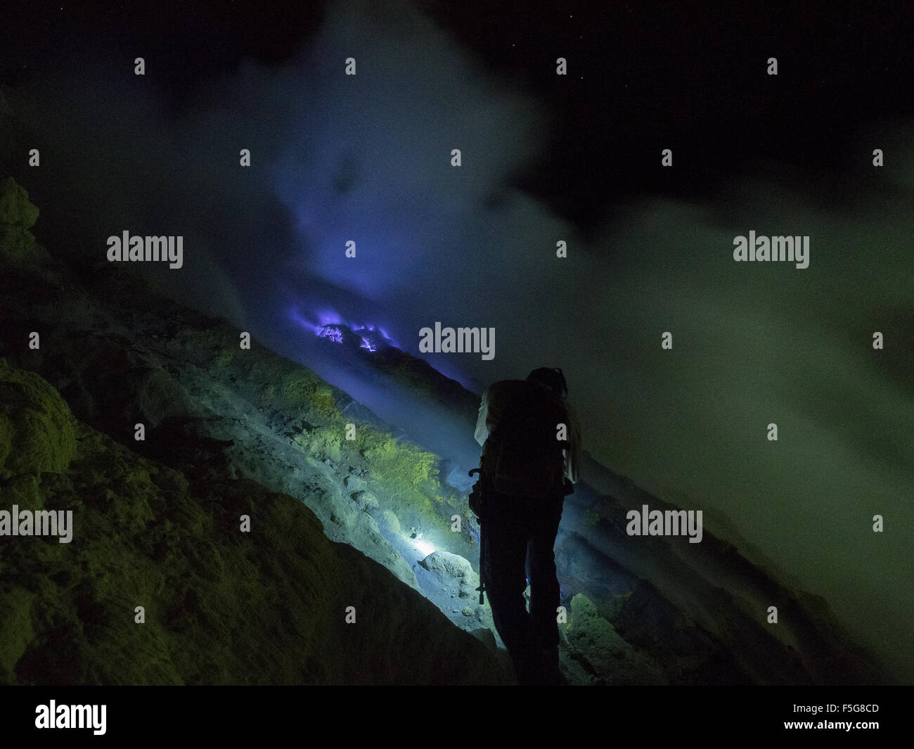 blue sulfur fires on mt.ijen, Java Stock Photo - Alamy