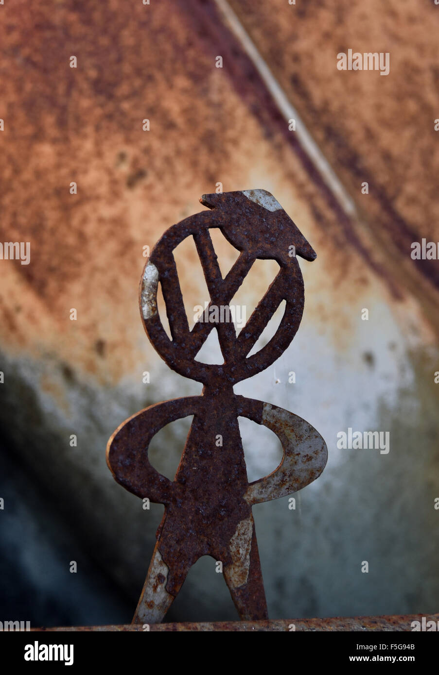 A rusty Volkswagen man stands on the bumper of a VW Beetle in the ...