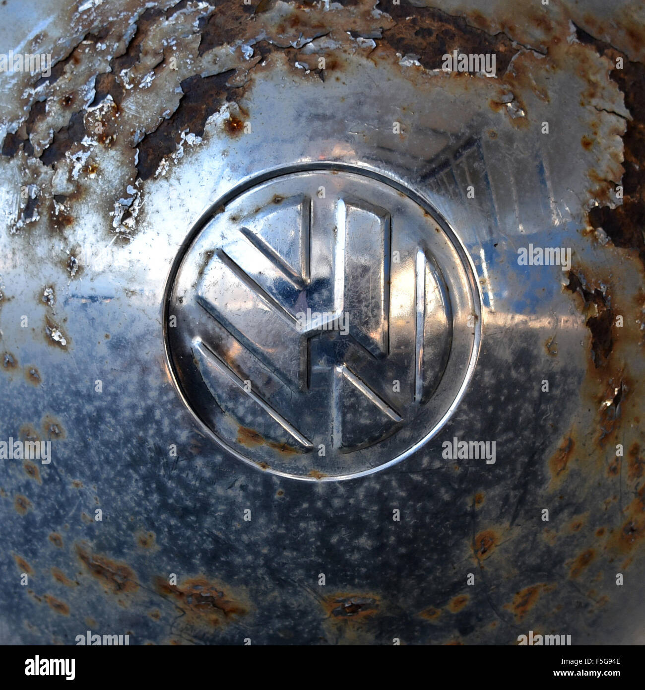 A rusty Volkswagen hubcap in the Beetle garage in Usseln, Germany, 04 ...