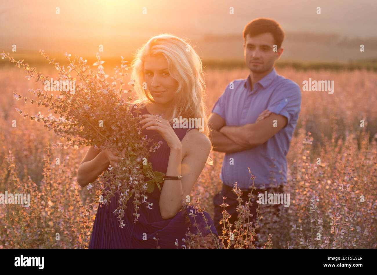 Happy people outdoors beautiful landscape and couple in love with ...