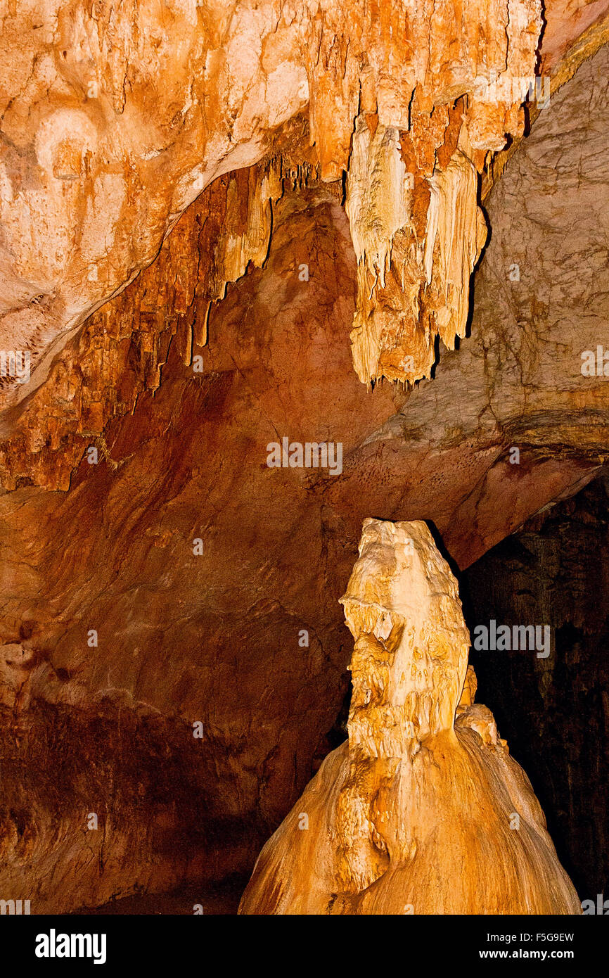 Inside view of an underground cavern or cave with stalagmites and ...