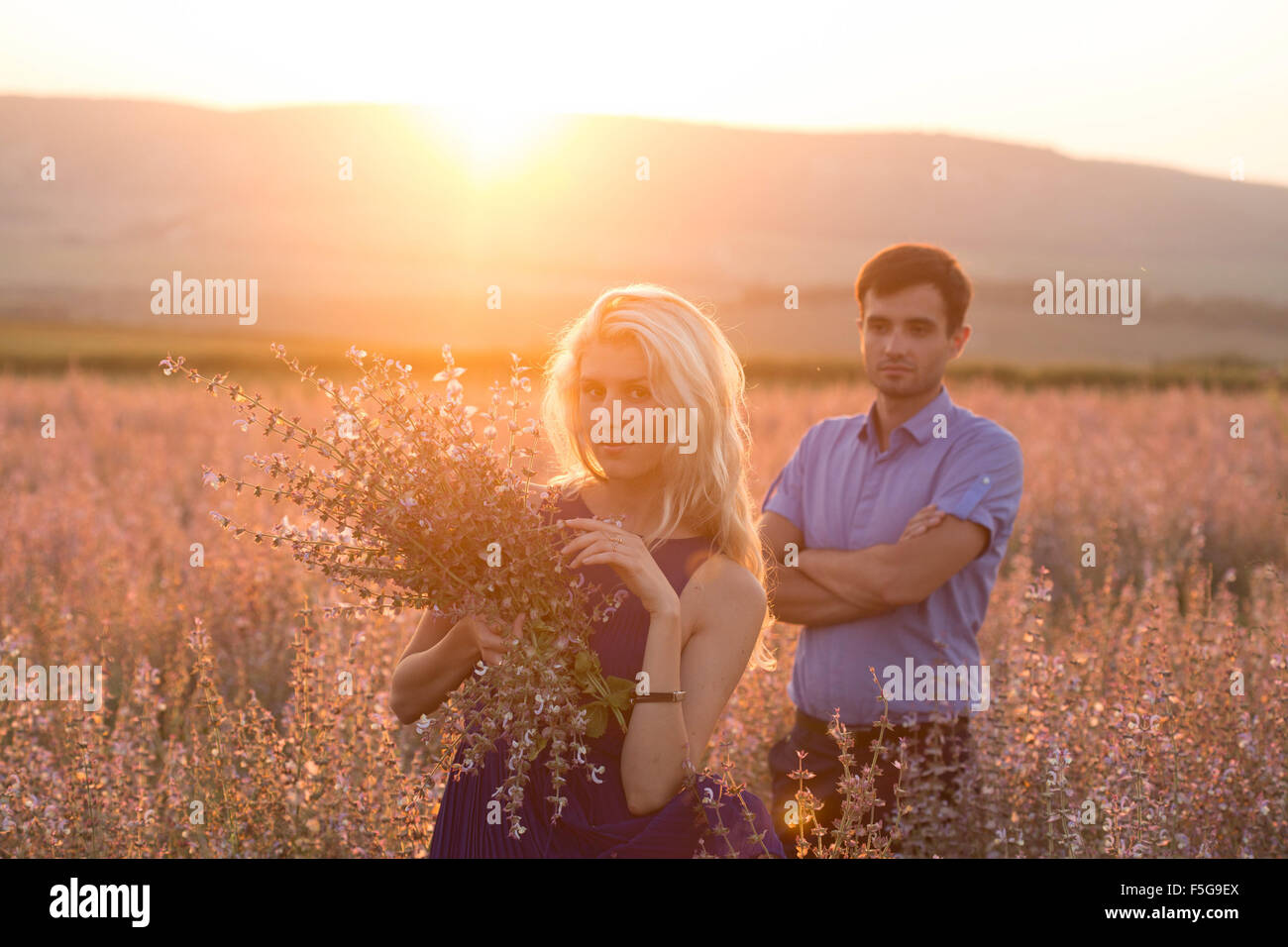 Happy people outdoors beautiful landscape and couple in love with ...