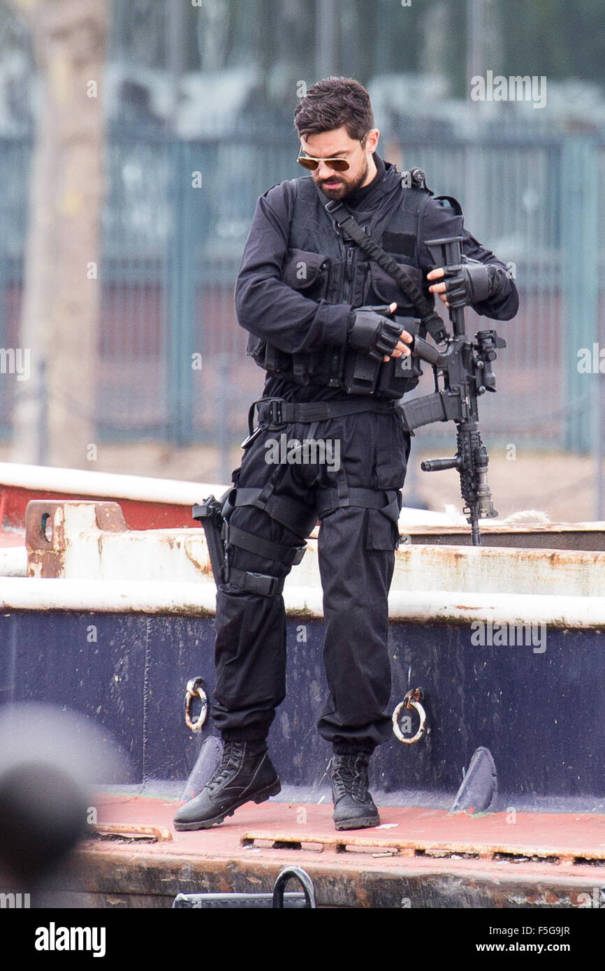 Dominic Cooper Filming Stratton on a barge on the river Thames with ...