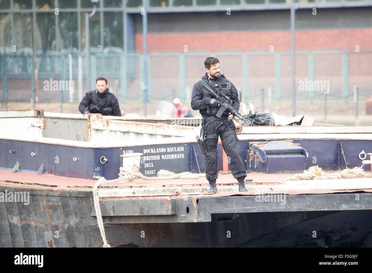 Dominic Cooper Filming Stratton on a barge on the river Thames with ...