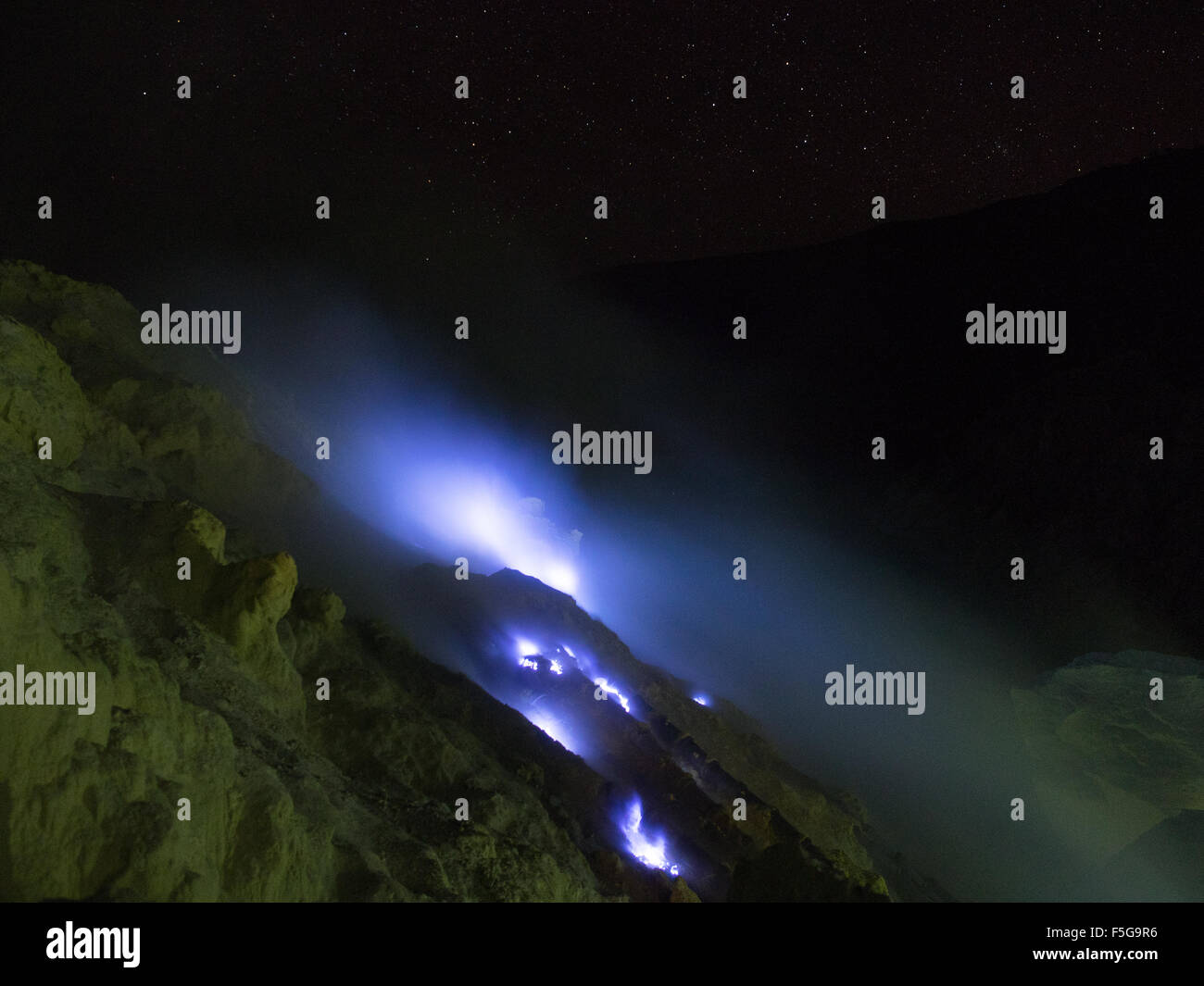 blue sulfur fires on mt.ijen, Java Stock Photo - Alamy
