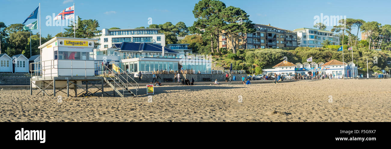 Panoramic view of the beach front at Branksome Chine, Poole, Dorset, UK ...