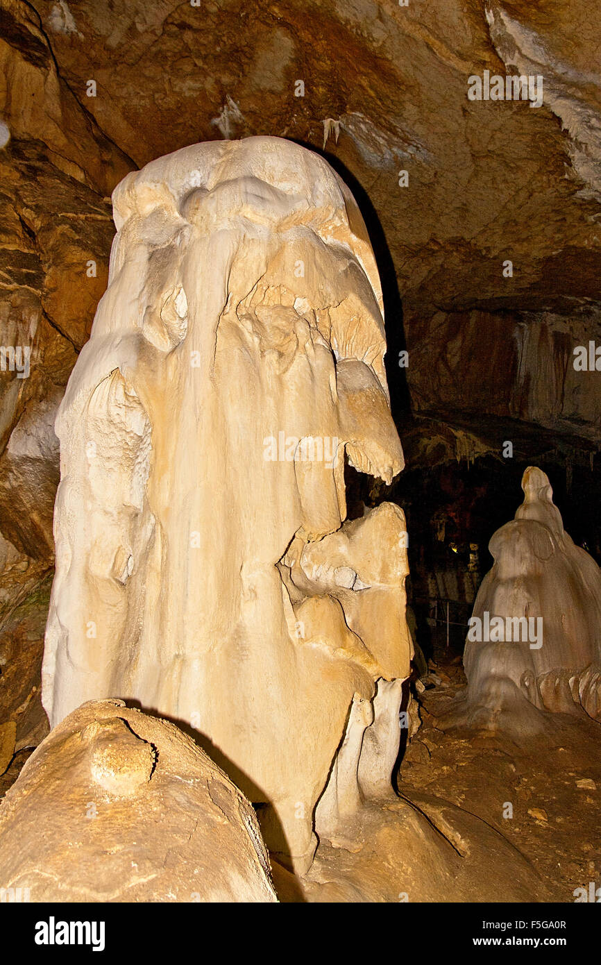 Inside view of an underground cavern or cave with stalagmites and ...