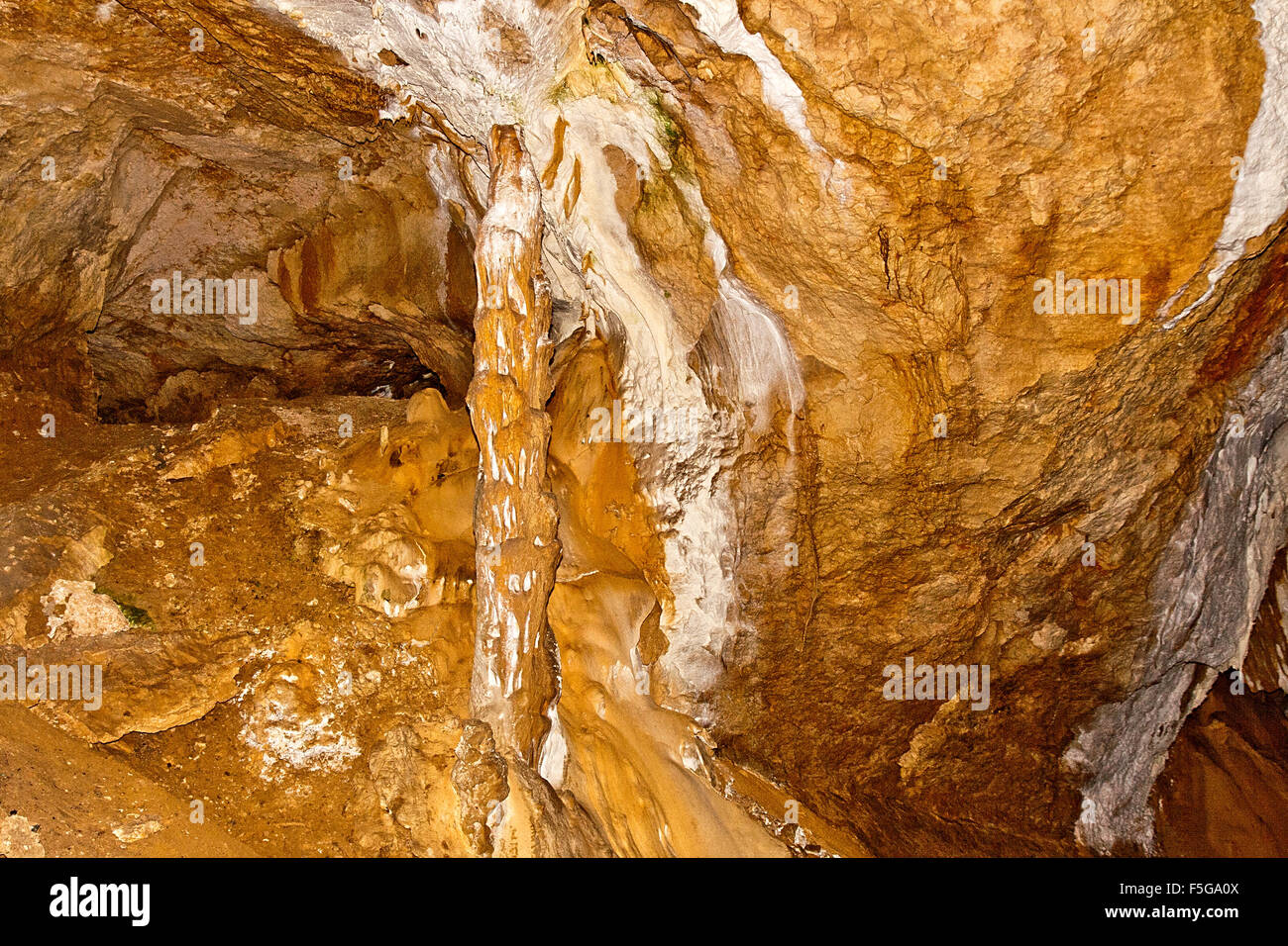Inside view of an underground cavern or cave with stalagmites and ...