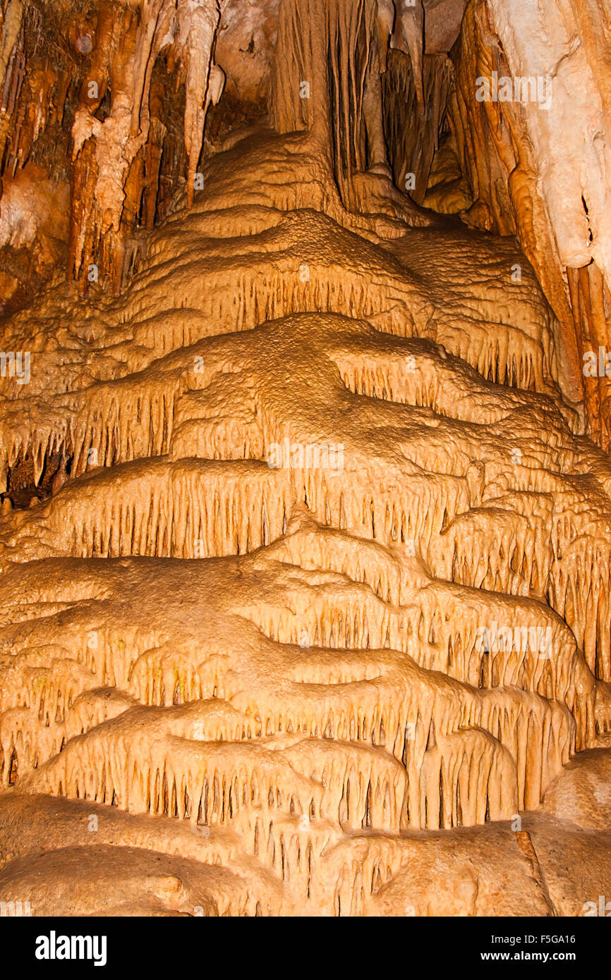 Inside view of an underground cavern or cave with stalagmites and ...