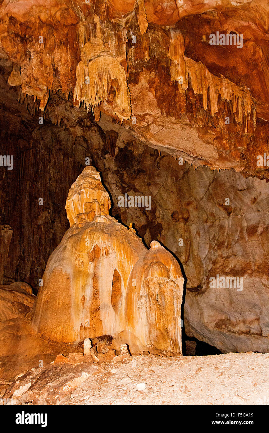 Inside view of an underground cavern or cave with stalagmites and ...