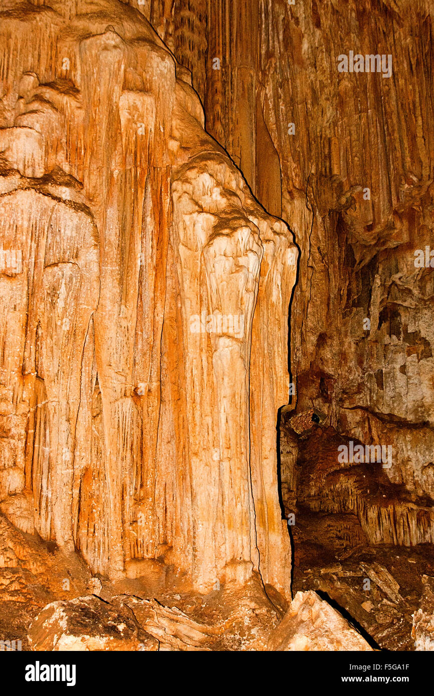 Inside view of an underground cavern or cave with stalagmites and ...