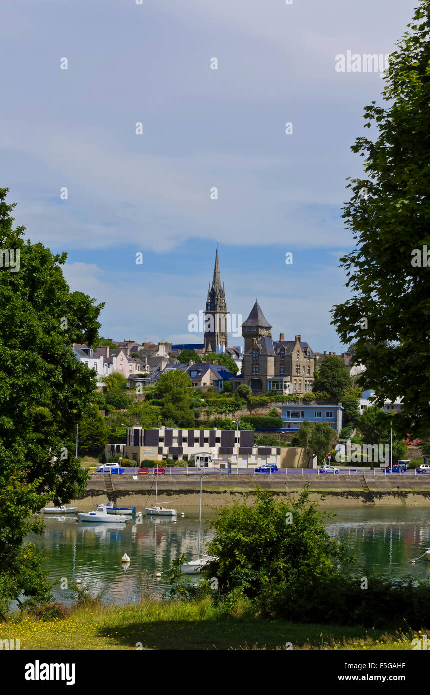 Douarnenez Brittany France water front city and church spires Stock ...