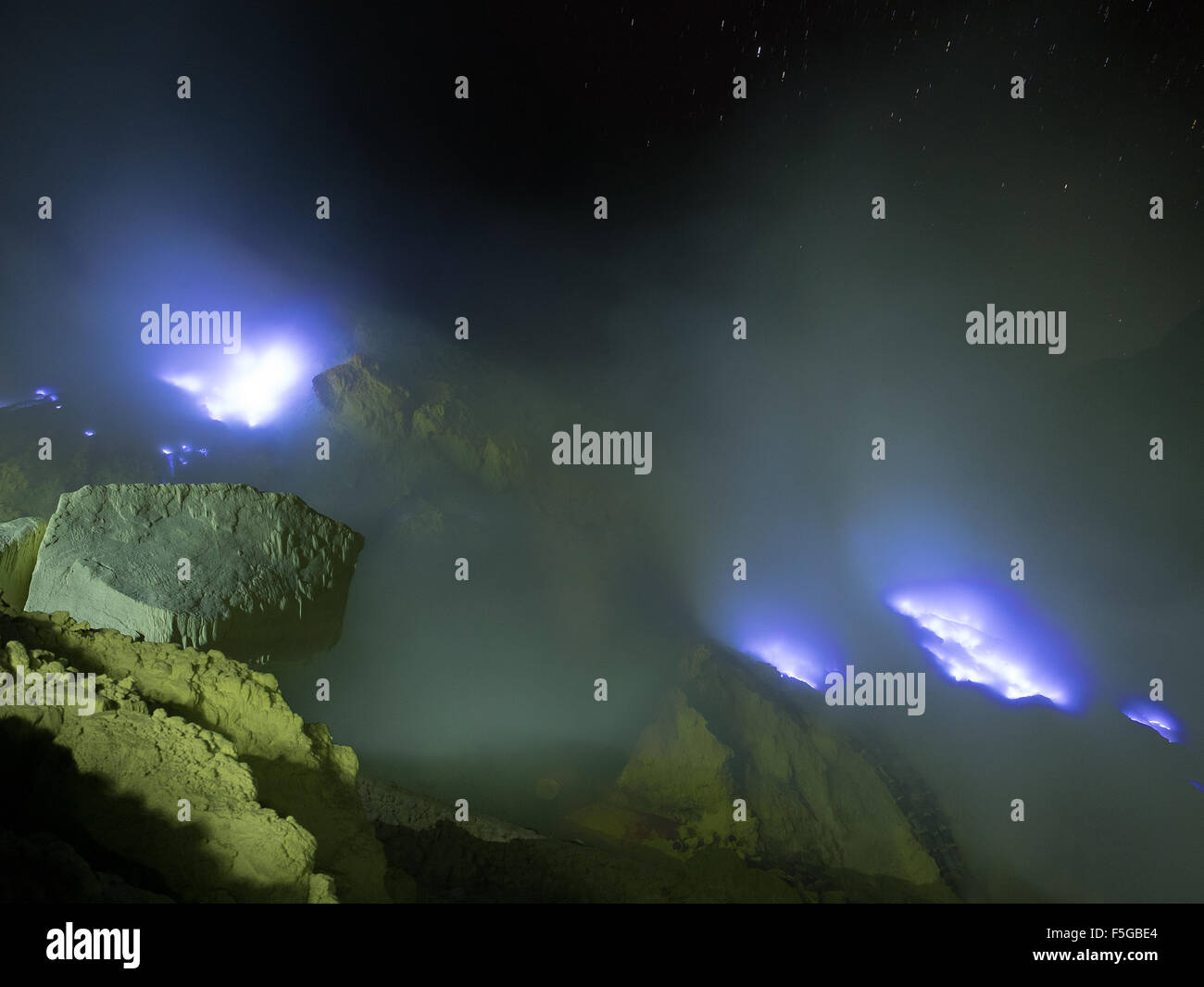 blue sulfur fires on mt.ijen, Java Stock Photo - Alamy