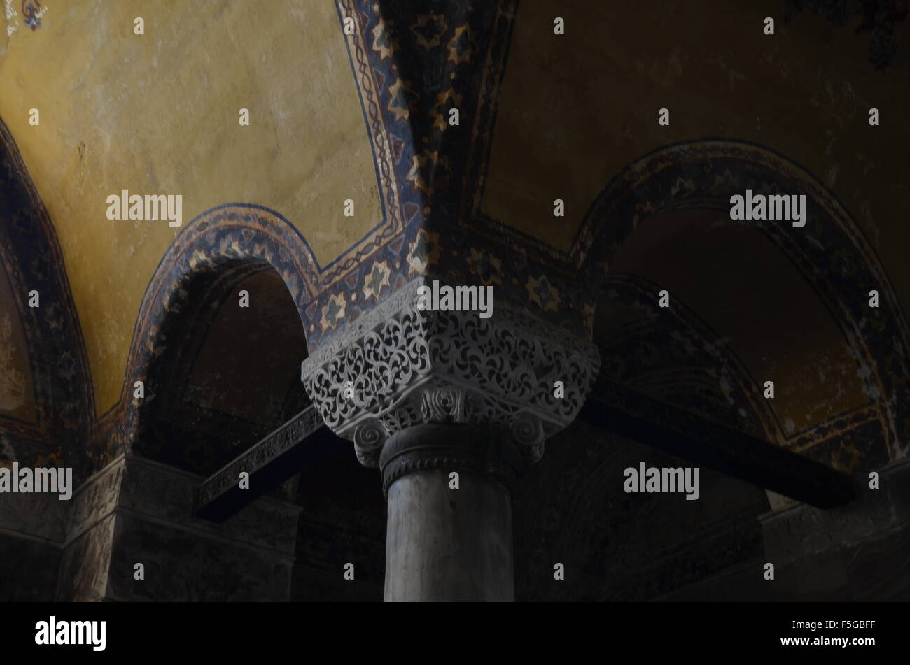 Marble column capital ornament and ceiling decorations in Hagia Sophia ...
