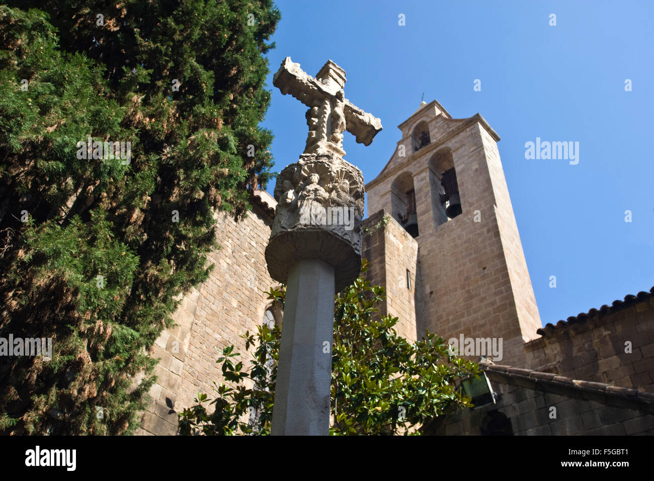 Exterior cross & bell tower at High Parish Church of St Anna, founded ...
