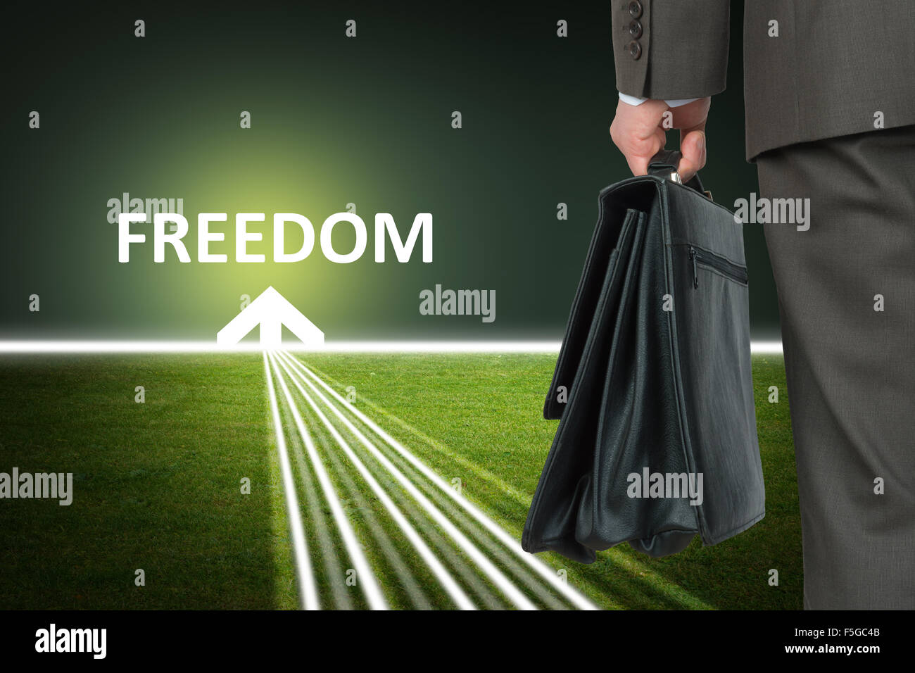 Businessman with case and word freedom Stock Photo - Alamy