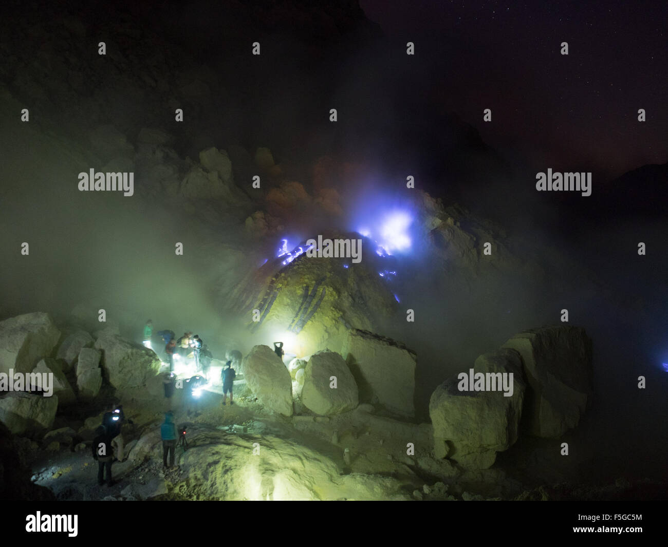 blue sulfur fires on mt.ijen, Java Stock Photo - Alamy