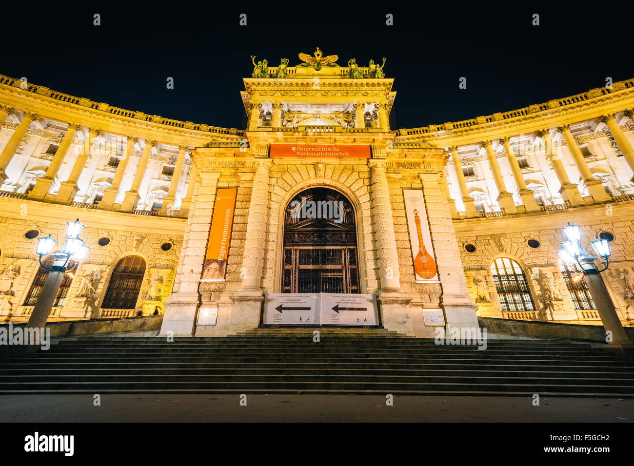 The Austrian National Library at night, in Vienna, Austria Stock Photo ...