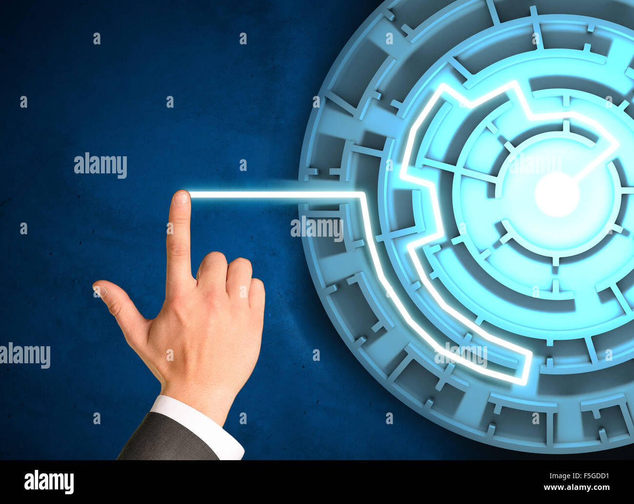 Businessmans hand touching holographic screen Stock Photo - Alamy