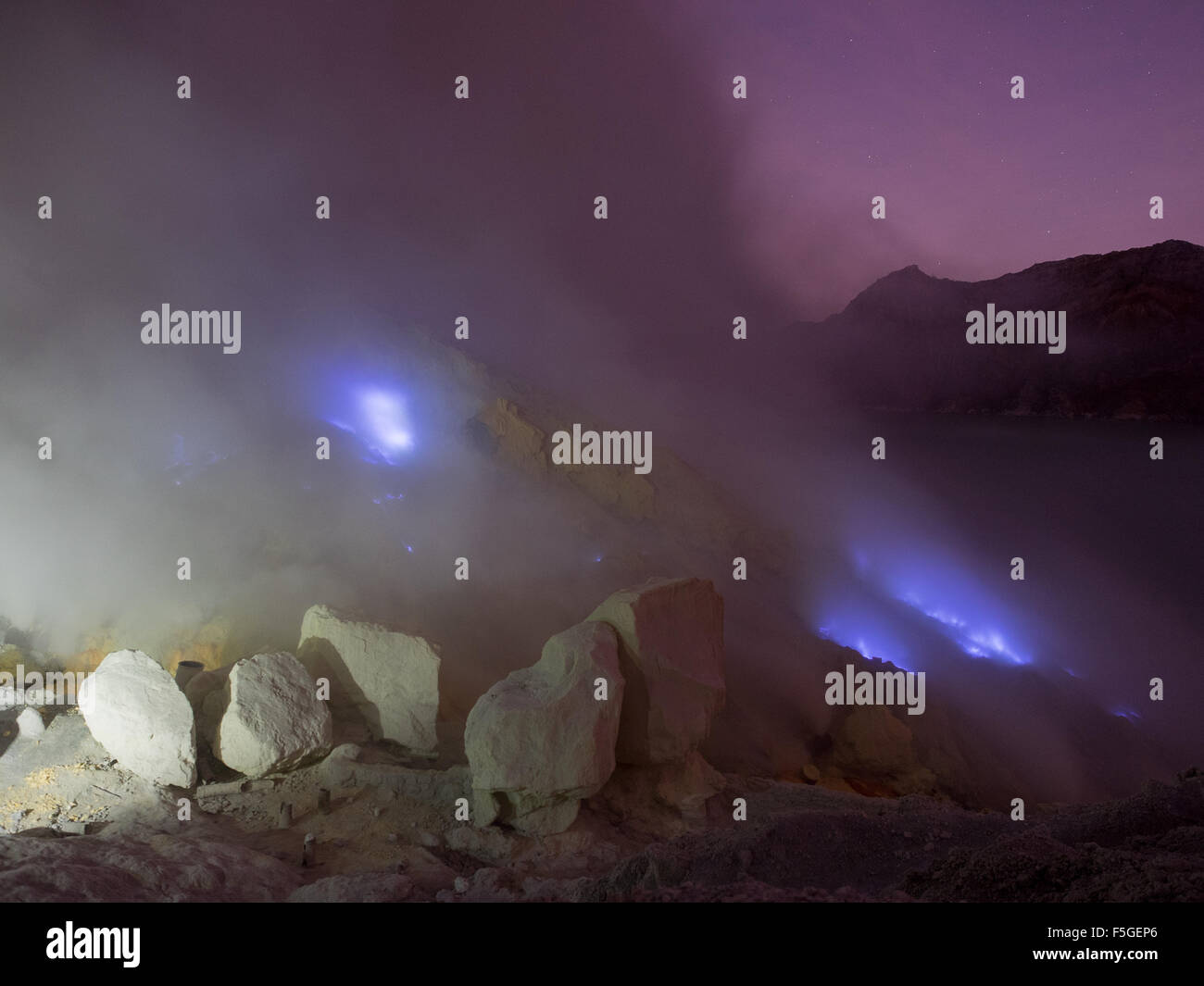 blue sulfur fires on mt.ijen, Java Stock Photo - Alamy