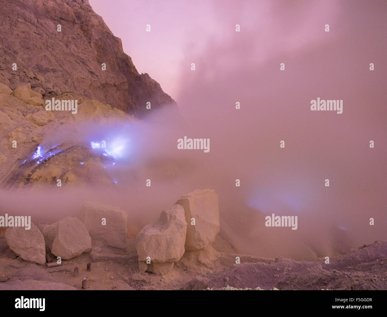 blue sulfur fires on mt.ijen, Java Stock Photo - Alamy