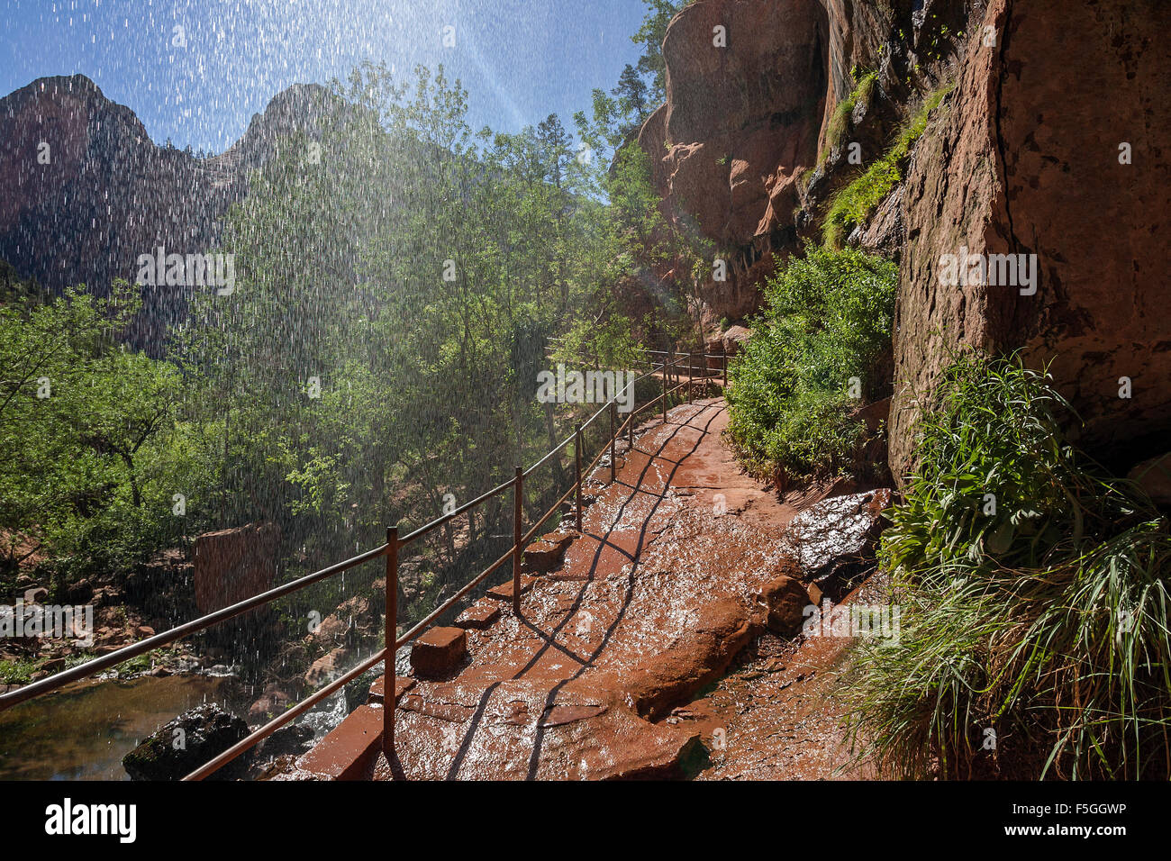 Waterfall above overhanging rock, Emerald Pools Trail, Zion National ...