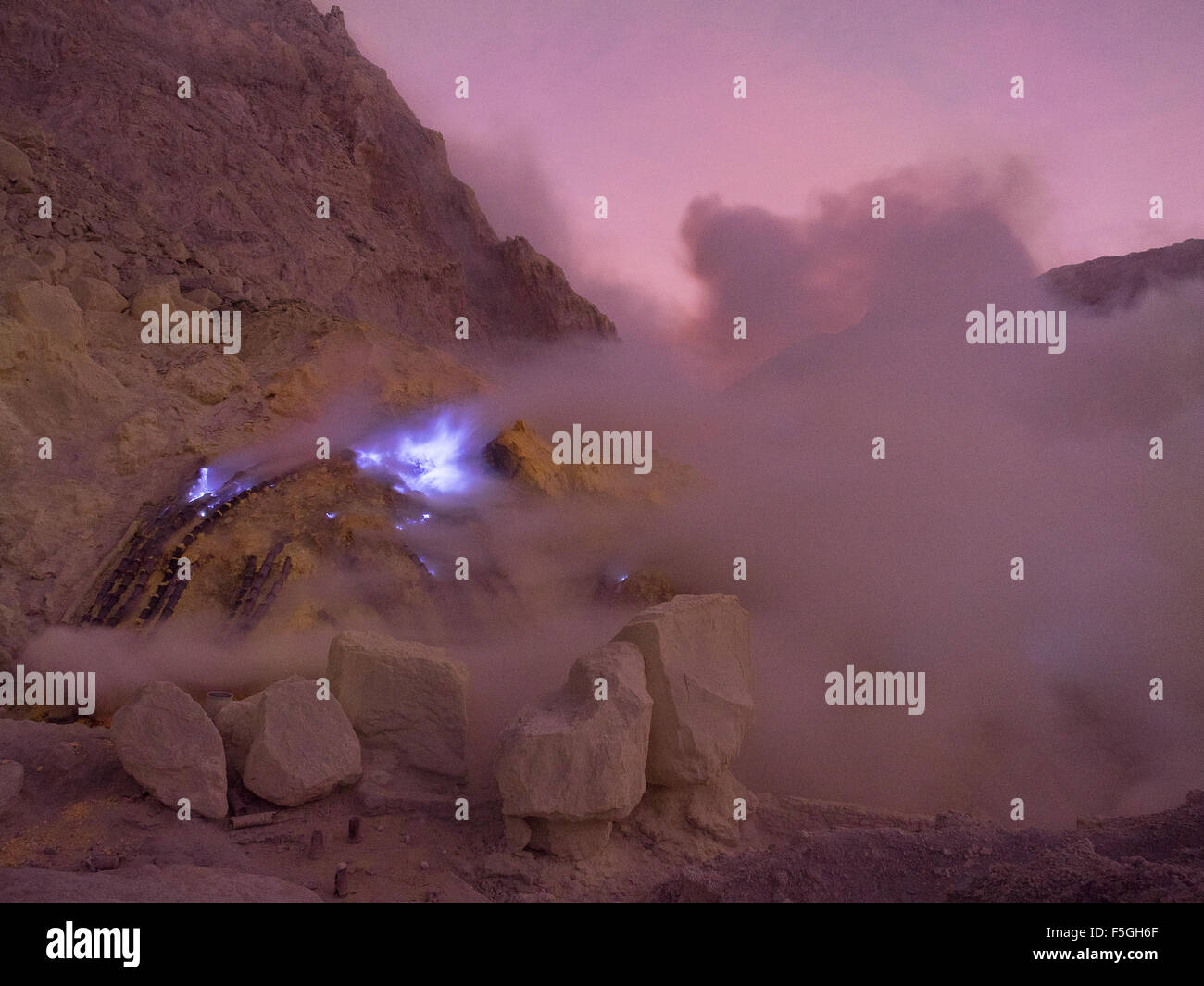 blue sulfur fires on mt.ijen, Java Stock Photo - Alamy