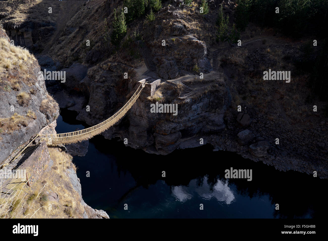 Last useable Inca hanging bridge, rope bridge made of braided Peruvian ...