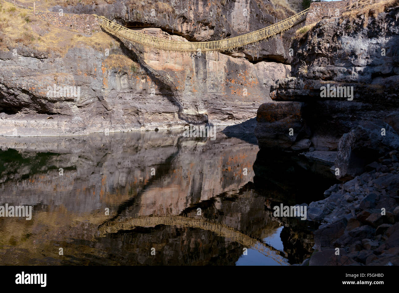 Last useable Inca hanging bridge, rope bridge made of braided Peruvian ...