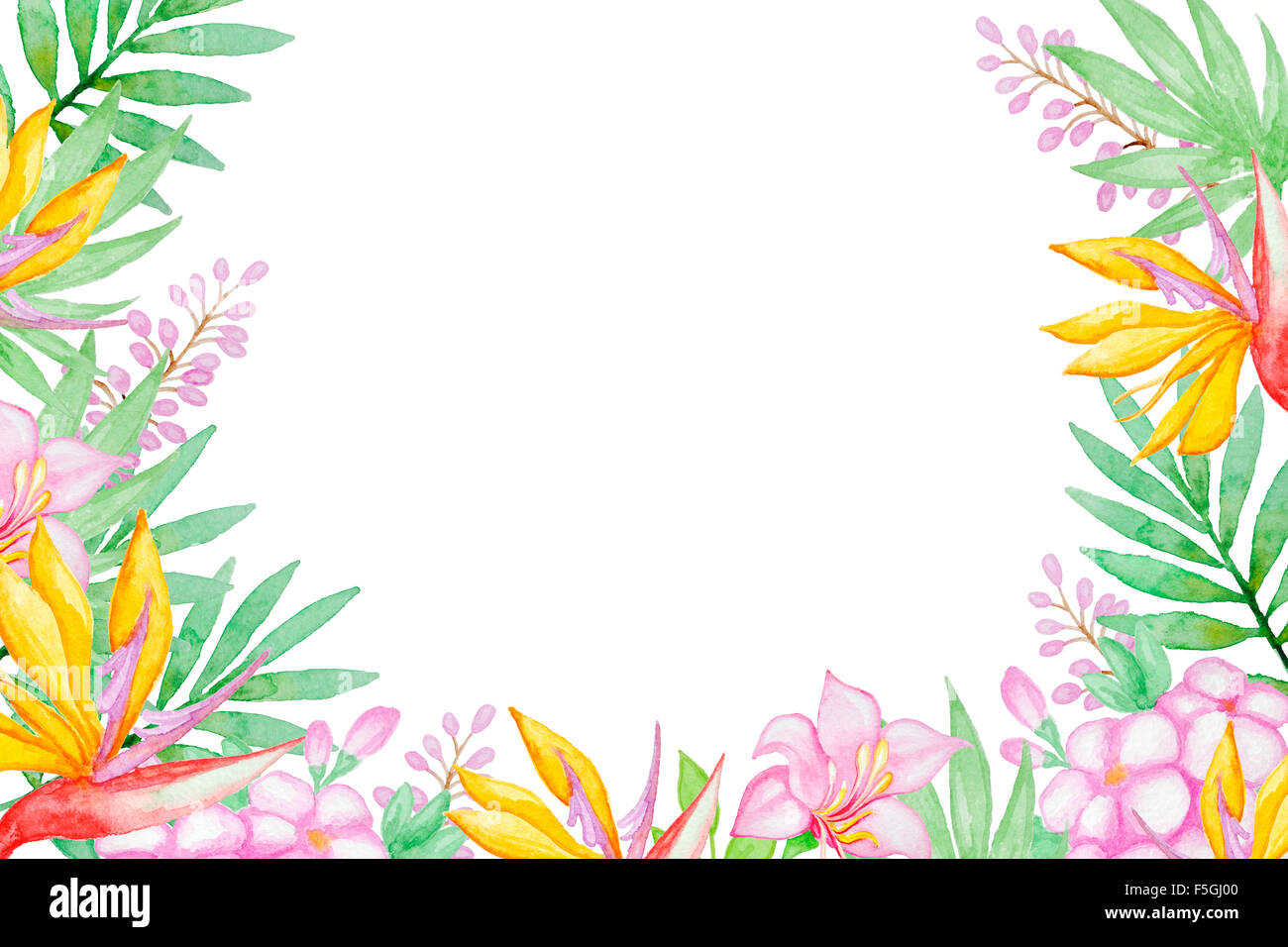 Watercolor background with tropical flowers and green leaves Stock ...