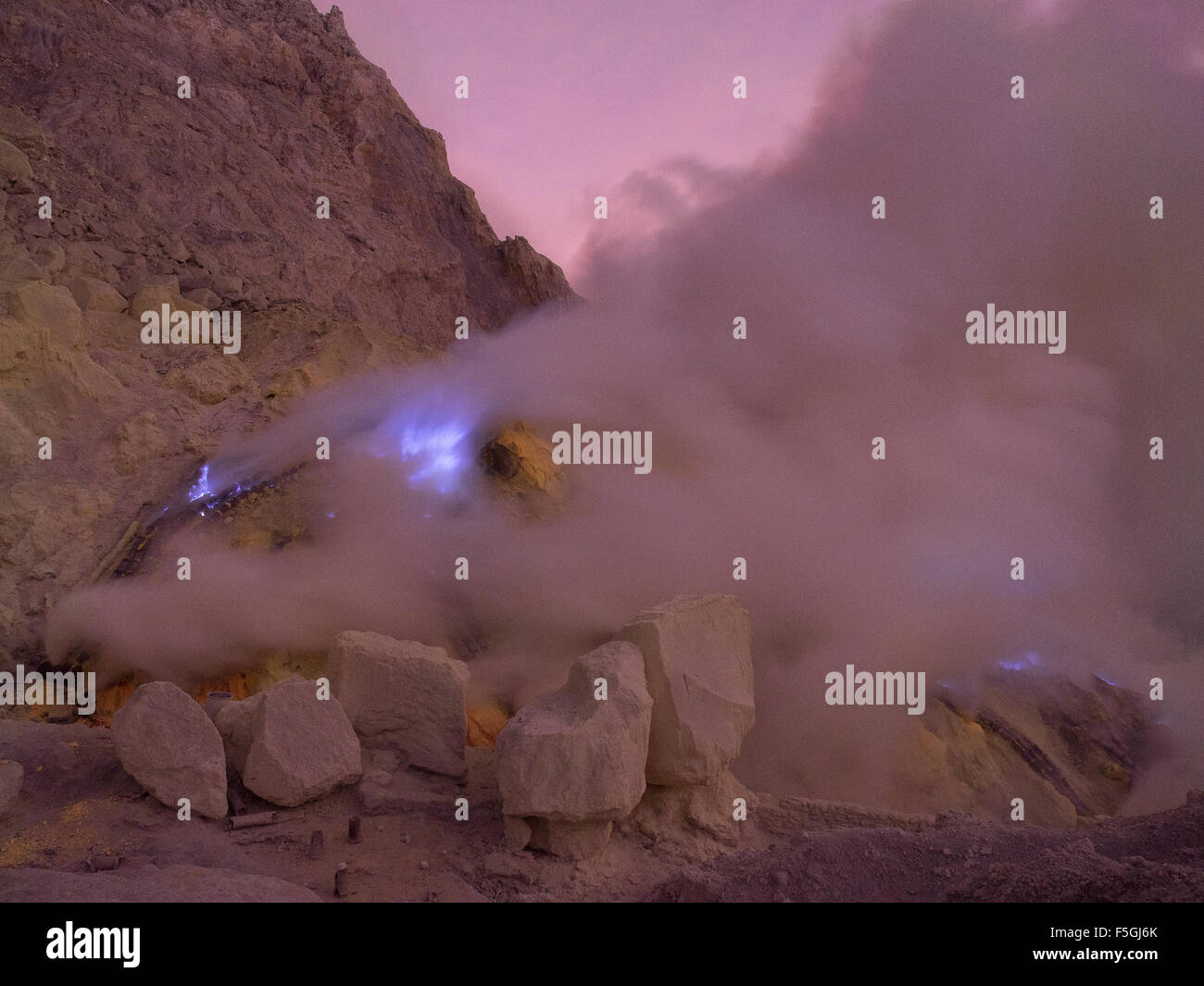 blue sulfur fires on mt.ijen, Java Stock Photo - Alamy
