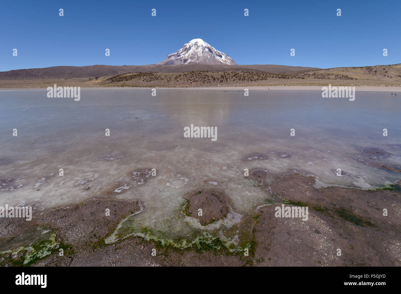 Sajama Volcano and frozen lake on Rio Sajama, Sajama National Park ...
